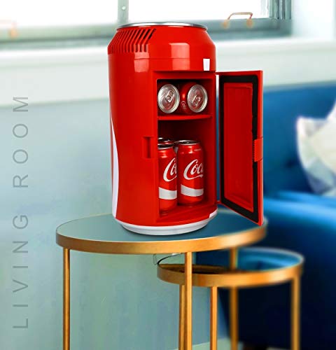 Coca-Cola 8 Can Portable Mini Fridge w/ 12V DC and 110V AC Cords, 5.4L (5.7 qt) Can Shaped Personal Cooler, Red, Travel Fridge for Drinks, Snacks, Lunch, Home, Office, Dorm Room, RV