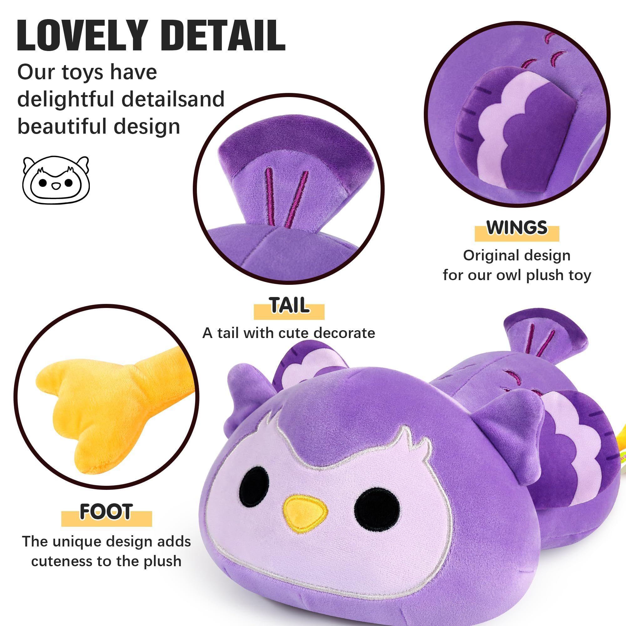 Onsoyours Cute Owl Plushie, Soft Stuffed Owl Squishy Plush Animal Toy Pillow for Kids (Purple Owl, 12")