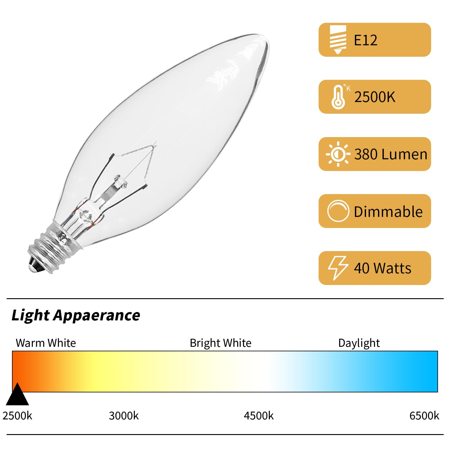CYLYT 12-Pack E12 Candle Light Bulbs 40W Warm White 2500K, 380 Lumen Dimmable Chandelier Light Bulbs for Ceiling Fan, Pendants or Outdoor, B10 Clear Candelabra Base Bulbs