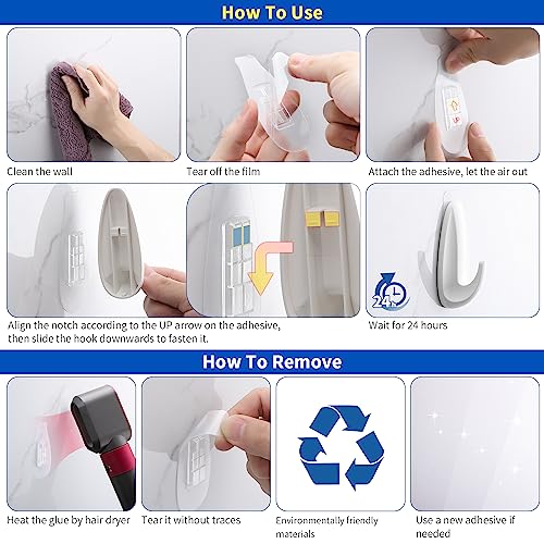 ALOCEO 12 Pcs Wall Hooks,Self Adhesive Hooks with 13 Clear Strips,White Plastic Sticky Hooks for Hanging,Towel Coat Hooks for Bathroom Shower Kitchen Keys Door Outdoor Home Improvement