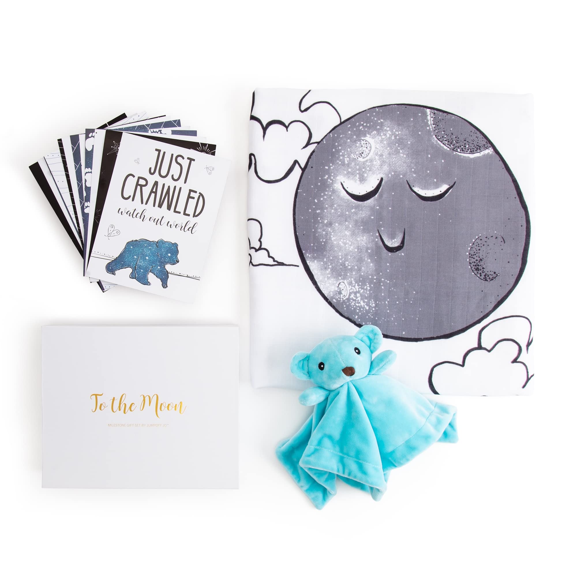 JumpOff Jo - Baby Bundle: Baby Swaddle Blanket & 24 Milestone Cards - Photoshoot Props, Soft Breathable Baby Blanket, 47" x 47" (Bear Blue)
