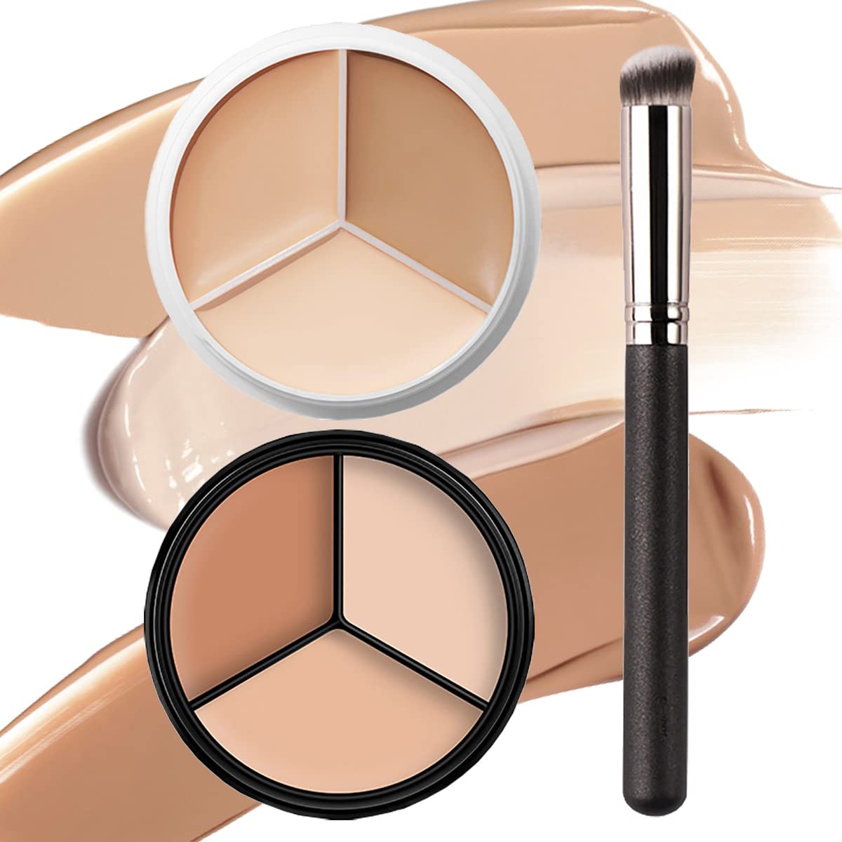 Alisesun 2 Pcs Tri-Color Concealer, 3 IN 1 Color Correcting Concealer Cream with Brush, Face Cream for Contour & Highlight, Conceals Dark Circles Blemish, Moisturizing & Long Lasting (01#+04#)
