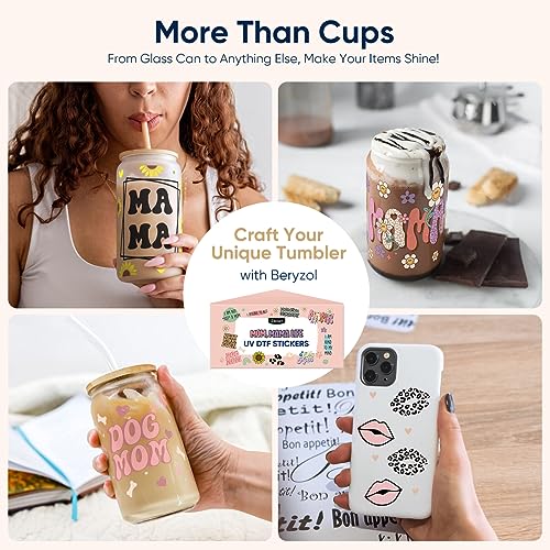 Beryzol UV DTF Cup Wrap, 9 Sheets Mama Theme 1 Sheets Mysterious Pattern and Cleaning Kit, UV DTF Transfers Stickers for 16 OZ Libbey Glass Cups Straws and Accessories