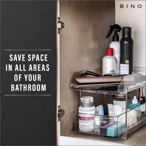 BINO 2 Tier Clear Storage Organizer with Dividers | Bottom Slide Out Drawer for Under Sink, Medicine Cabinet | Bathroom Closet, Vanity, Pantry Organizer | Under Cabinet Storage for Bathroom & Kitchen