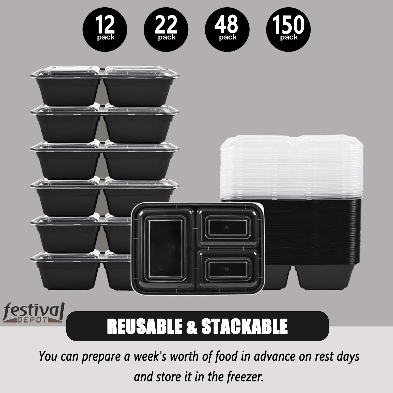 Sports Festival 22 Pack Meal Prep Containers, 43OZ Bento Box, 3 Compartment Divided Food Storage Containers Durable Stackable Reusable, For Microwave/Dishwasher/Freezer(22 Trays & 22 Lids)