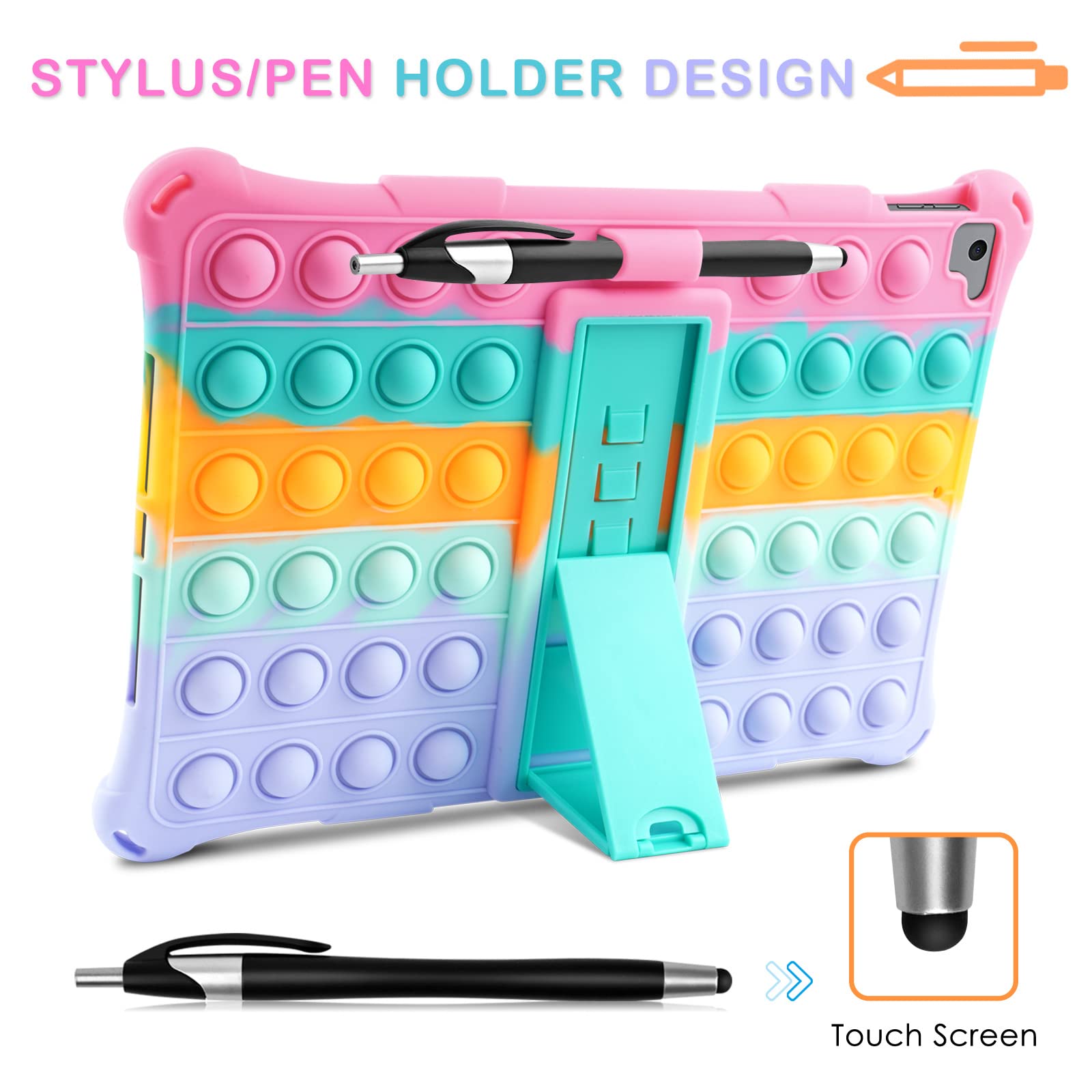 DETUOSI Silicone Case Compatible with ipad 9th Generation 2021/ 8th Generation 2020/ 7th Generation 2019, with Shoulder Strap & Stylus Pen, Soft Lightweight Multi-Angle Stand Cover, Dazzling Pink