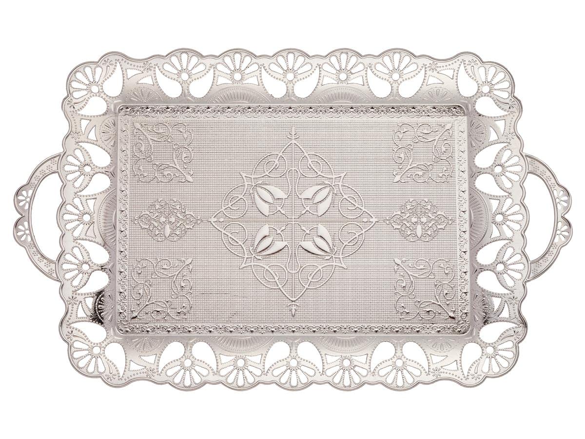 Alisveristime Handcrafted Large Turkish Ottoman Serving Tray with Floral Edges and Handles, Made from Zamac, Multi-Color Options (18.9" L x 12" W x 0.78" H) (Silver)