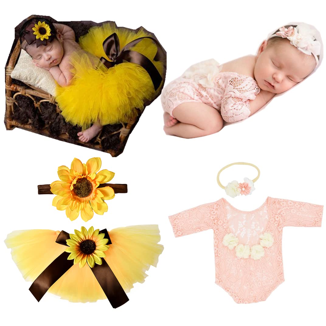 Brenaly Newborn Photography Prop Infants Baby Sunflower Tutu Skirt and Pink Lace Rompers Flower Headband Sets Shoot Outfits for 0-6 Months Baby Girls