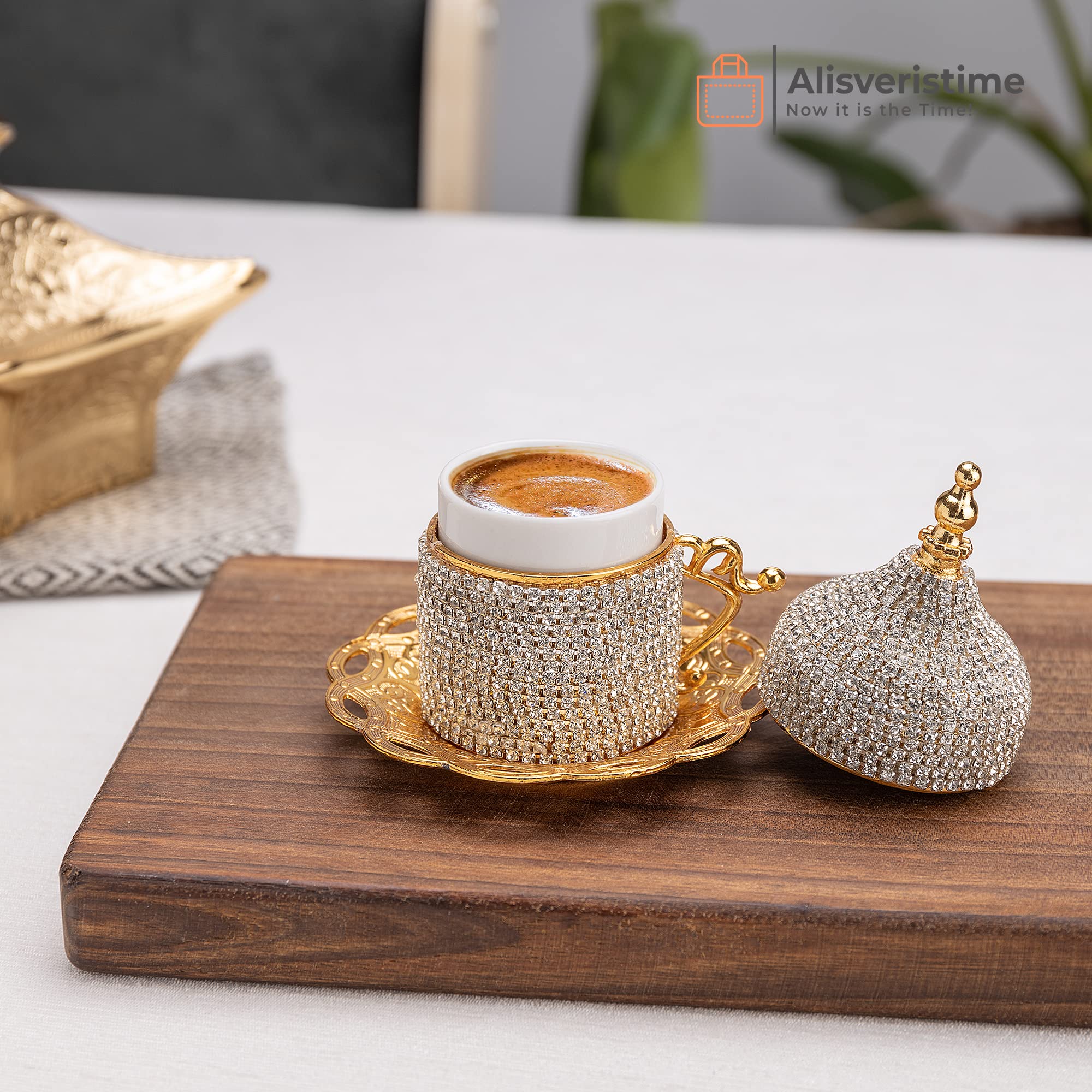 Alisveristime Ottoman Turkish Greek Arabic Espresso Coffee Cups with Saucer and Lid (Crystal Set) (Set of 2) (Gold)