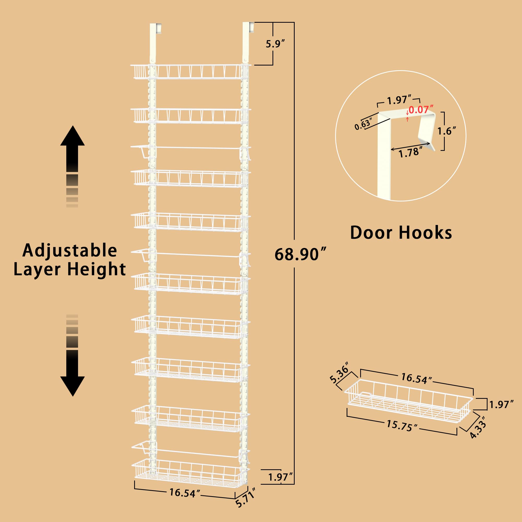 Churboro Over the Door Pantry Organizer Rack with 9 Adjustable Baskets, 9 Tiers Dual-use Hanging or Wall Mount Spice Rack Organizer, White