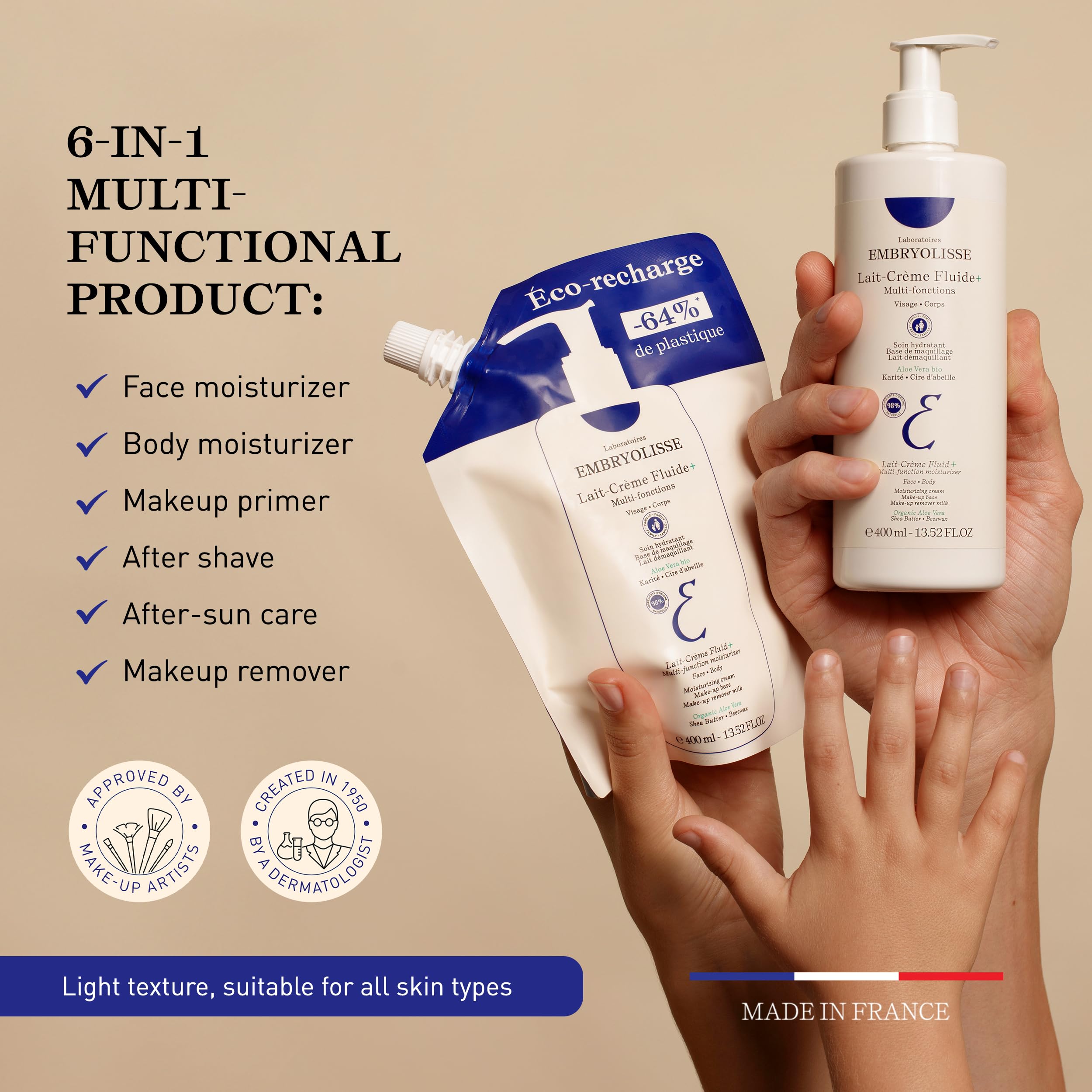 Embryolisse Lait Creme Fluid Face & Body Cream. Lightweight Moisturizer for All Skin Types. Hydrating Lotion with Shea Butter & Aloe Vera, 16.90 Fl Oz