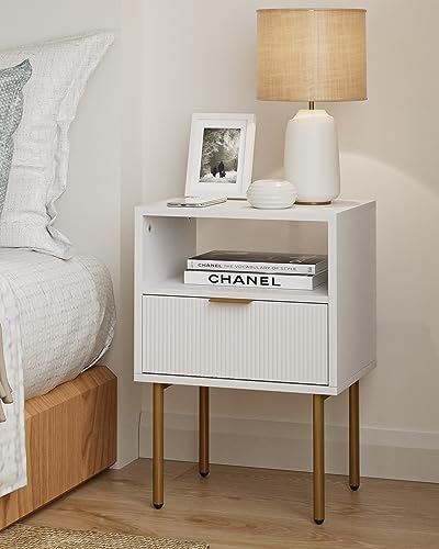 AEPOALUA Nightstand,Small Bedside Table with Gold Frame,White Night Stand,Bedside Furniture,Side Table with Drawer and Shelf for Bedroom,Living Room