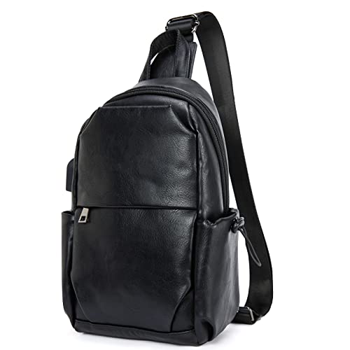 BOSTANTEN Sling Bag Leather Crossbody Backpack Shoulder Bag for Men Travel Hiking Everyday Use, Black