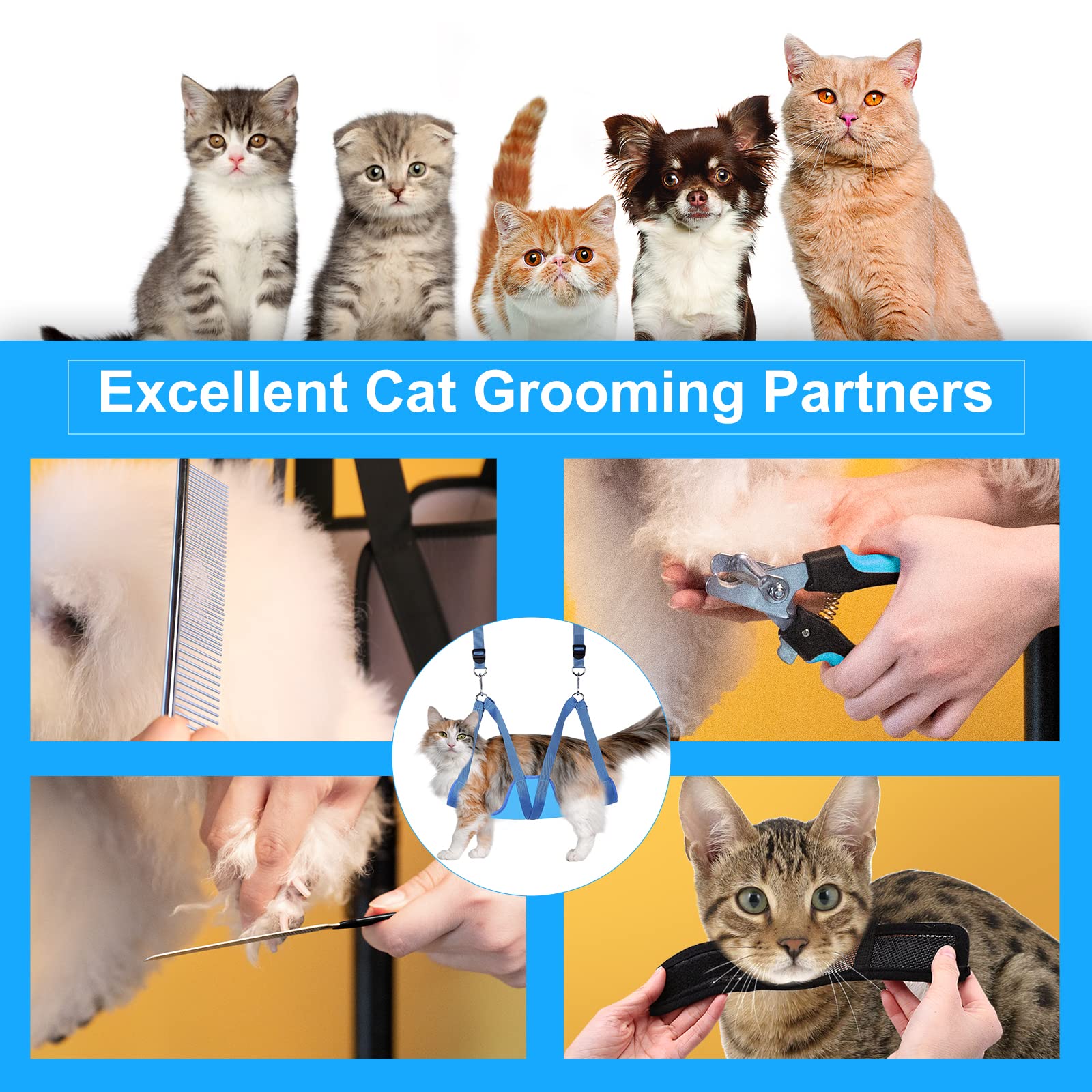 Cat Grooming Hammock, Pet Grooming Harness for Dogs&Cats, Multi Hammock Restraint Bag with Adjustable Grooming Loop/Stainless D-Hooks/Nail Clippers/Trimmer/Nail File for Pet Nail Trimming, Care (XS)