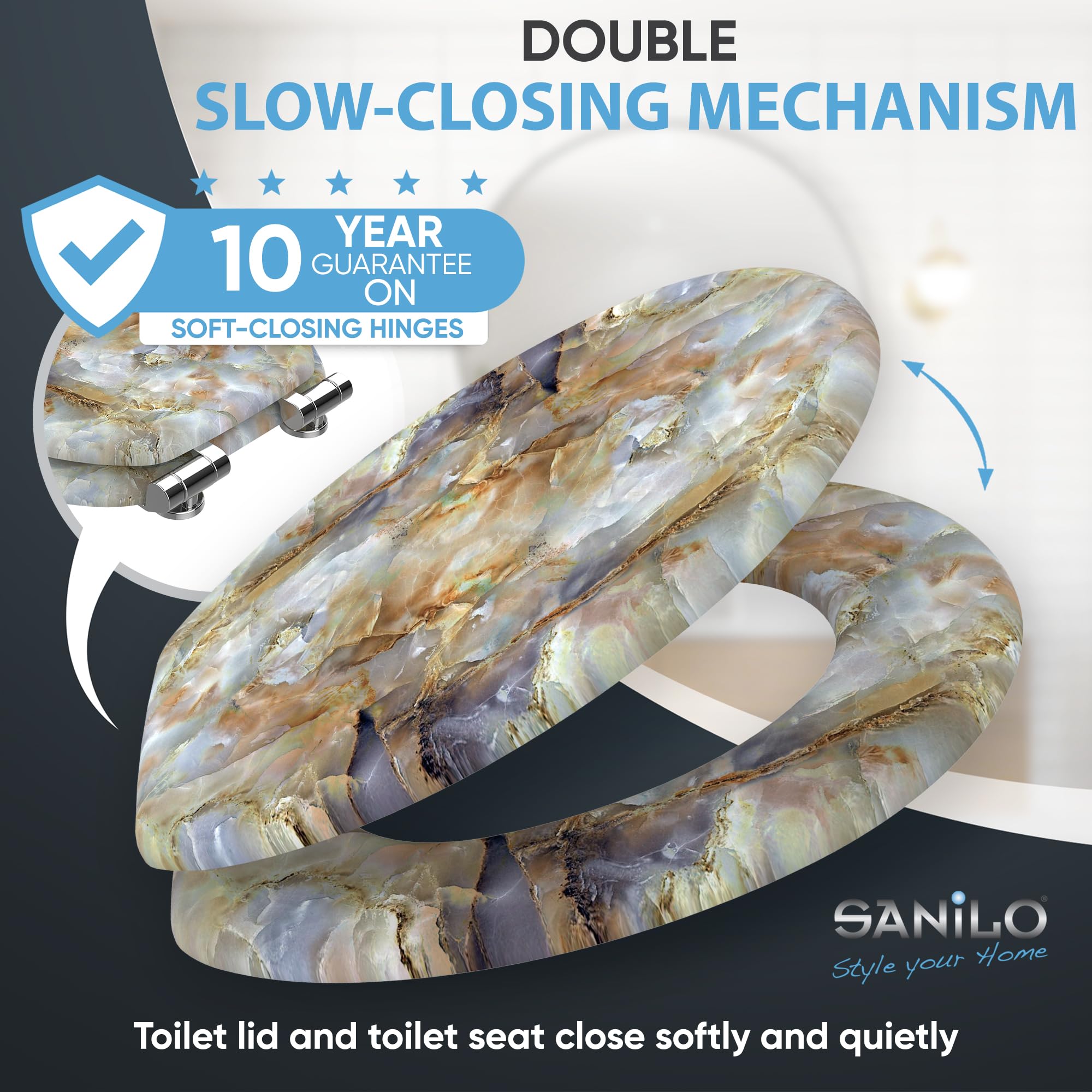 Sanilo Soft Close Toilet Seat ROUND, Quiet and Slow Close Lid and Seat, Strong Bumpers and Hinges, Marble Brown