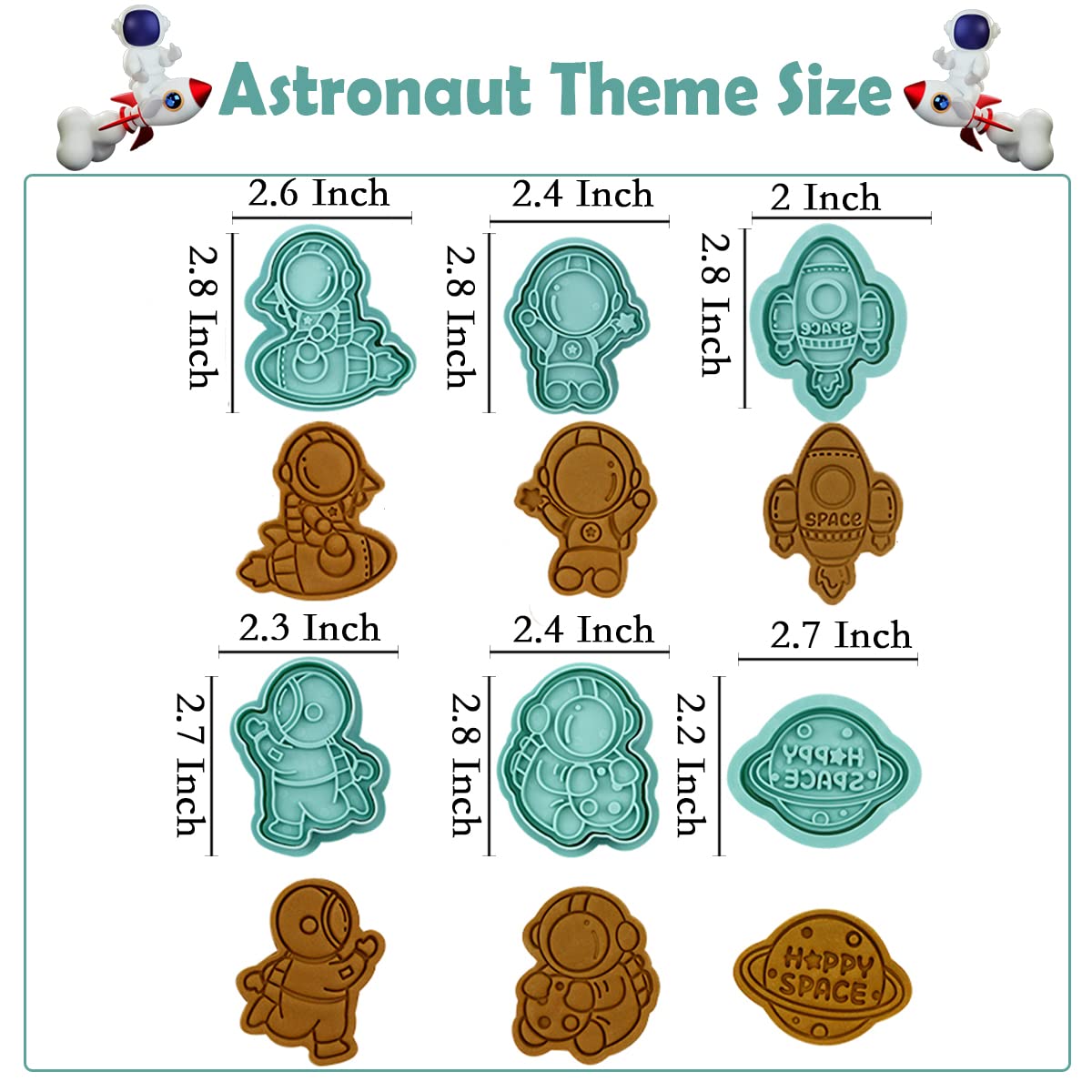 Astronaut 3D Cookie Cutters with Plunger Stamps Set, 6 Pcs Cartoon Pressable Biscuit Cutters Shape for Treats DIY Baking Cookie Supplies