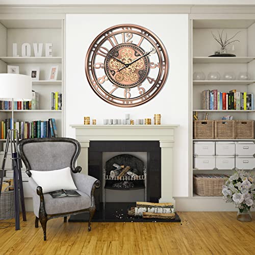 CLXEAST Moving Gear Wall Clock for Modern Living Room Decor, Large Industrial Clock with Steampunk Gears, Big Arabic Numerals, Rose Gold Metal for Office, Bronze Copper (21 Inch)