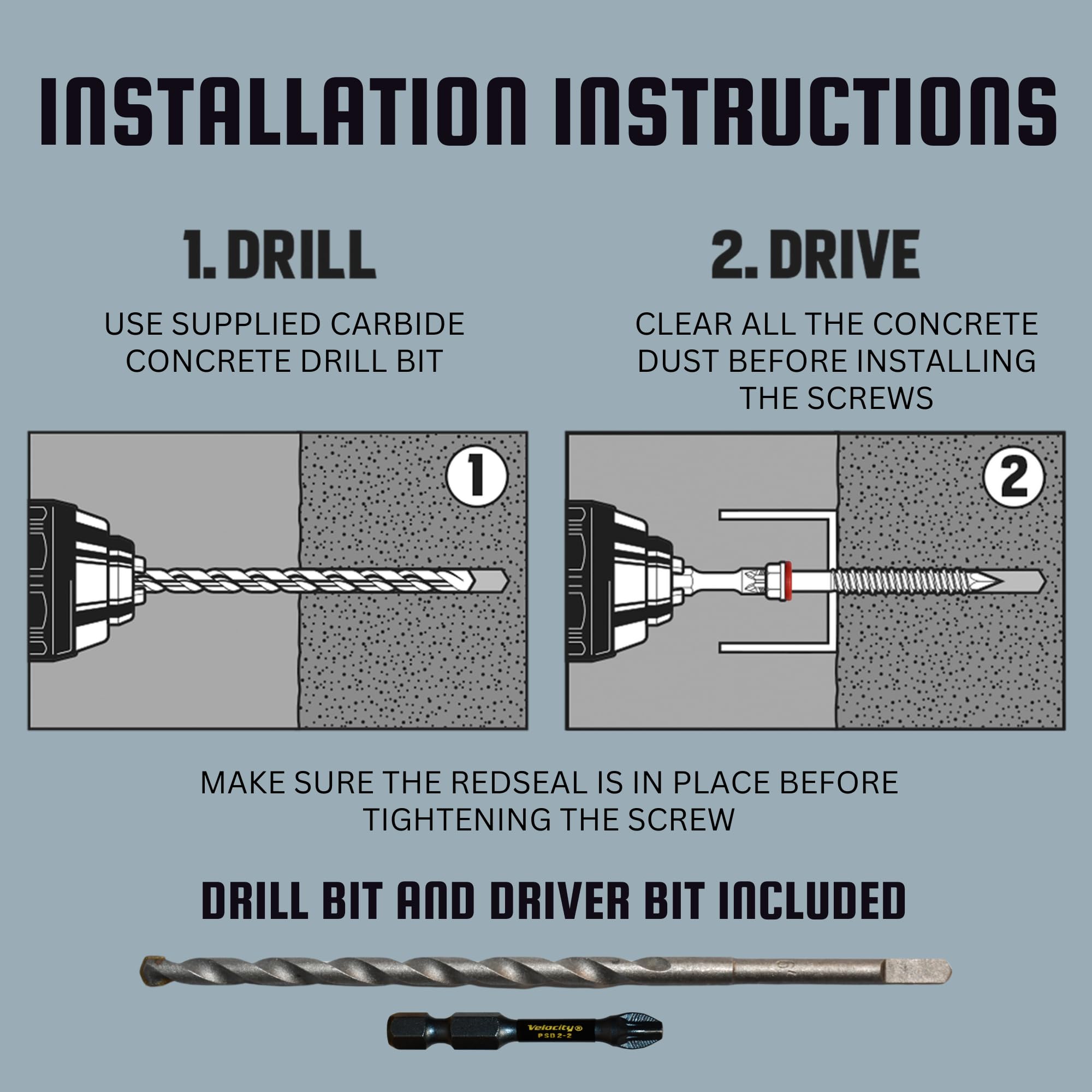Velocity 2 1/4 Concrete Screws Set with RedSeal Moisture Barrier (Hex Head, 1/4โ) โ 12 Pcs High-Performance Masonry Screws, Stick Tight Technology, 1 PSD ACR Drive Bit and 1 Carbide Concrete Drill Bit