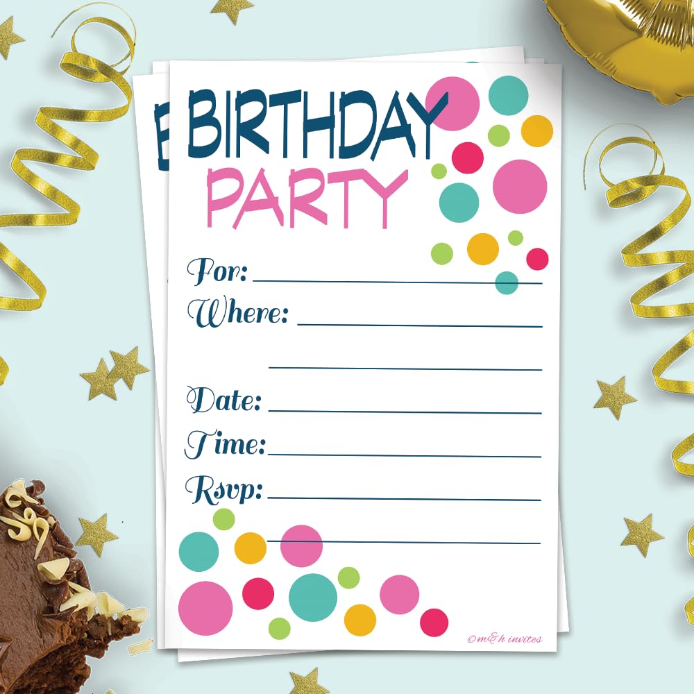 Adult or Teen Birthday Party Invitations Colorful Dots - Fill In Style (20 Count) With Envelopes