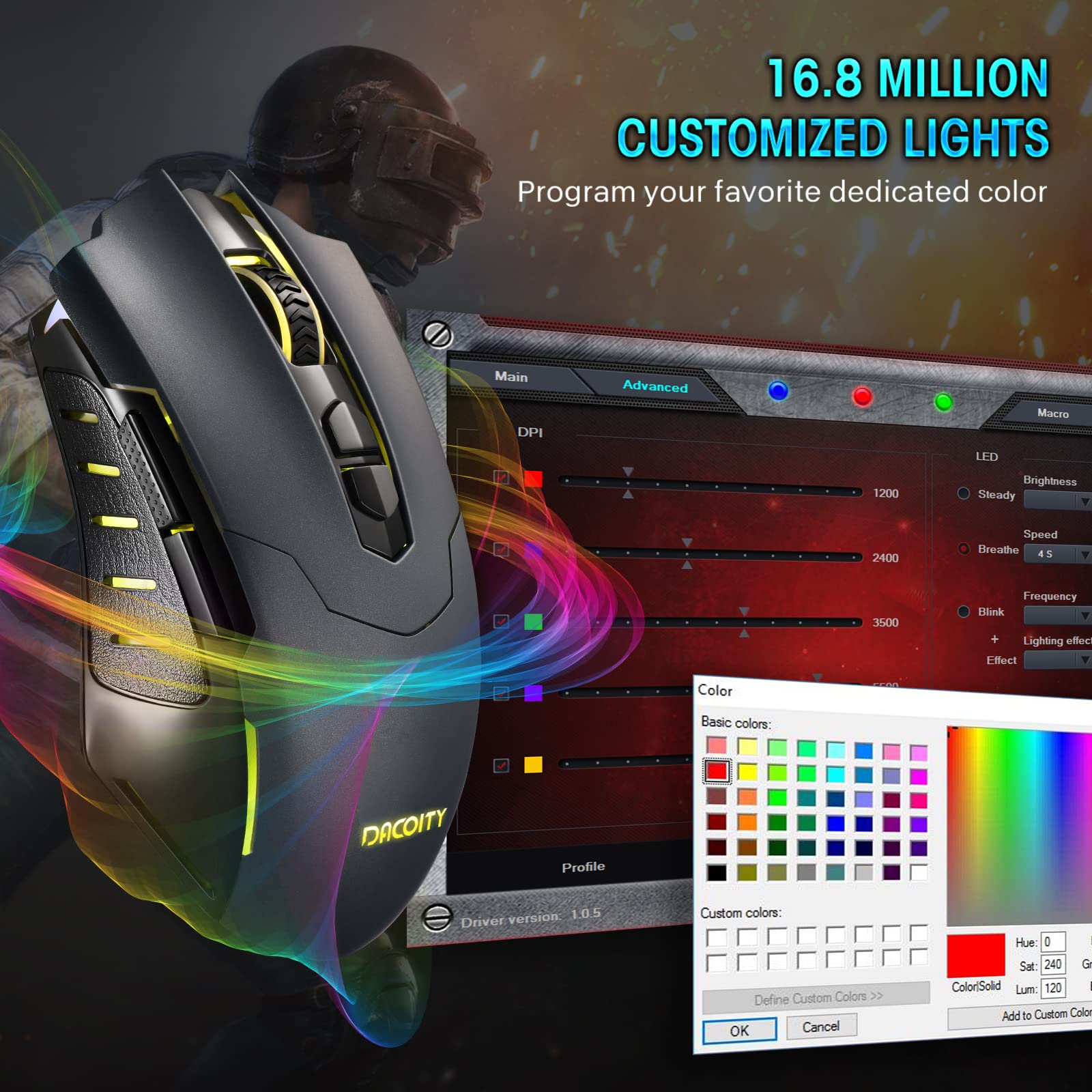 Dacoity Wired Gaming Mouse, PC Gaming Mice Gamer Mouse [RGB LED][7200 DPI][7 Programmable Buttons][Plug Play] USB Ergonomic Mouse for Windows Mac Laptop PC Gamers - Black