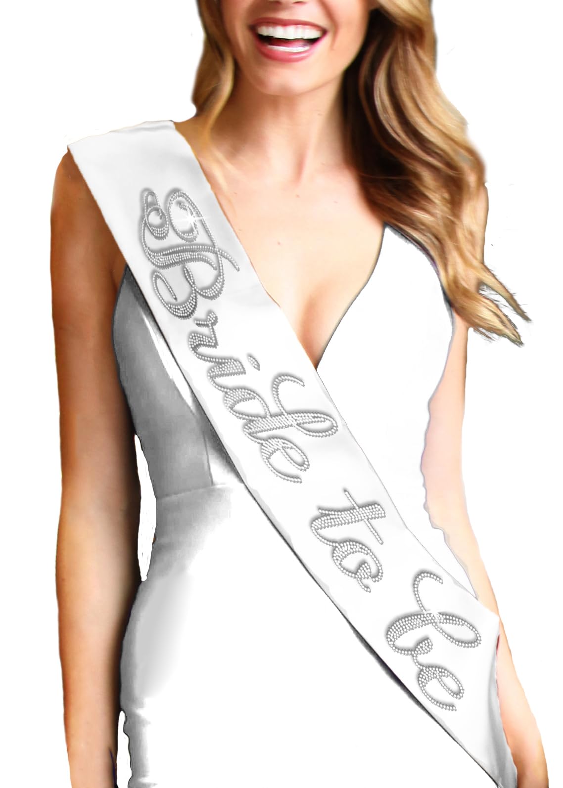 Bride Sash - REAL CRYSTAL Rhinestones Bride To Be Flirty White BRIDAL GRADE SATIN Sash - Bridal Shower & Engagement Decorations - White Sash(Flrty B2B)