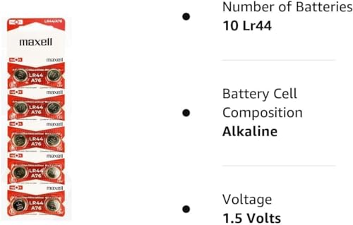 Maxell LR44 (A76) Batteries, 10 Count (775011)