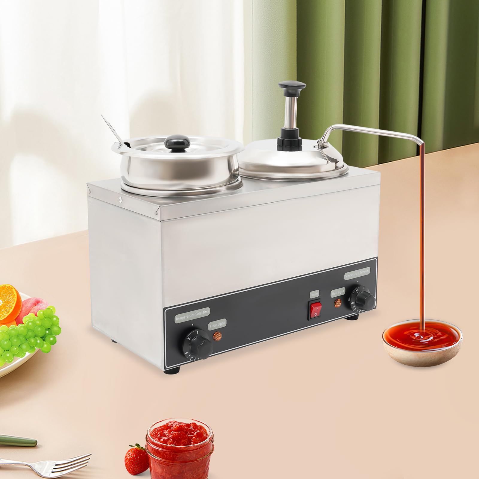 Electric Cheese Warmer with Pump Sauce Warmer Commerical Sauce Dispenser Double Heads Cheese Warmer with Spoon for Nacho Cheese, Hot Fudge, Caramel, Chilli, Butter