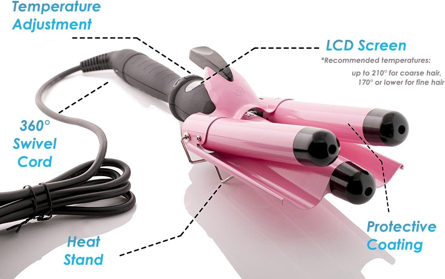 Alure 3 Barrel Hair Waver for Beachy/Frizz-Free Waves w/LCD Temperature Display - 1 Inch Ceramic Tourmaline Triple Barrels, Dual Voltage Crimping Tool