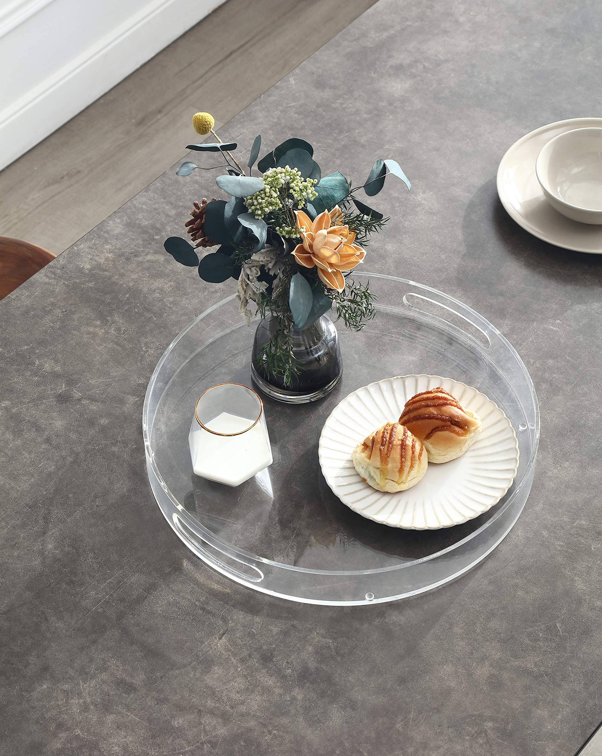 Artmaze Clear Sturdy Acrylic Round Tray with Handles,Spill Proof,for Kitchen (16 inch)