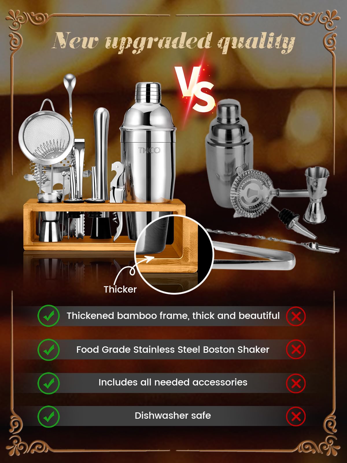 Bartender Kit, TNCO Cocktail Shaker Set with Stand,Bar Set Drink Mixer Set with All Essential Bar Accessory,Martini Mixer Cup with Muddler,Jigger, Strainer,Ice Tongs,Spoon,Liquor Pourers,Ice Filter