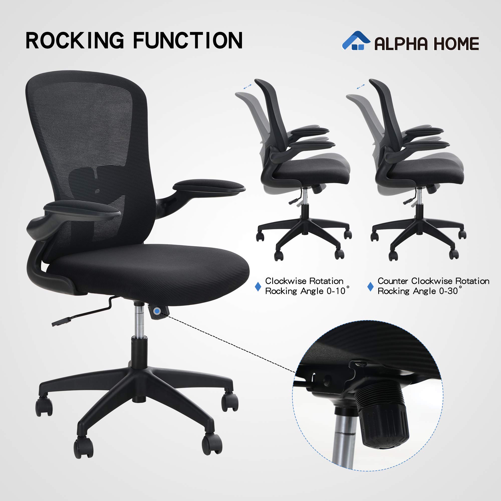 ALPHA HOME Ergonomic Office Chair Mid Back Computer Desk Chair with Flip-up Tufted Armrest Executive Adjustable Chair with Lumbar Support Mesh Rolling Swivel Chair with Casters-Capacity 250LBS