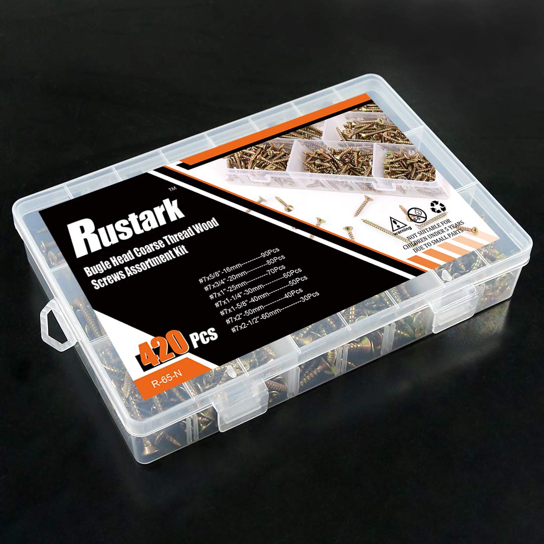 Rustark 420 Pcs [#7 5/8'' to 2-1/2''] Zinc Plated Coarse Thread Phillips Drywall Screws with Bugle Head Assortment Kit for Drywall Sheetrock and Wood