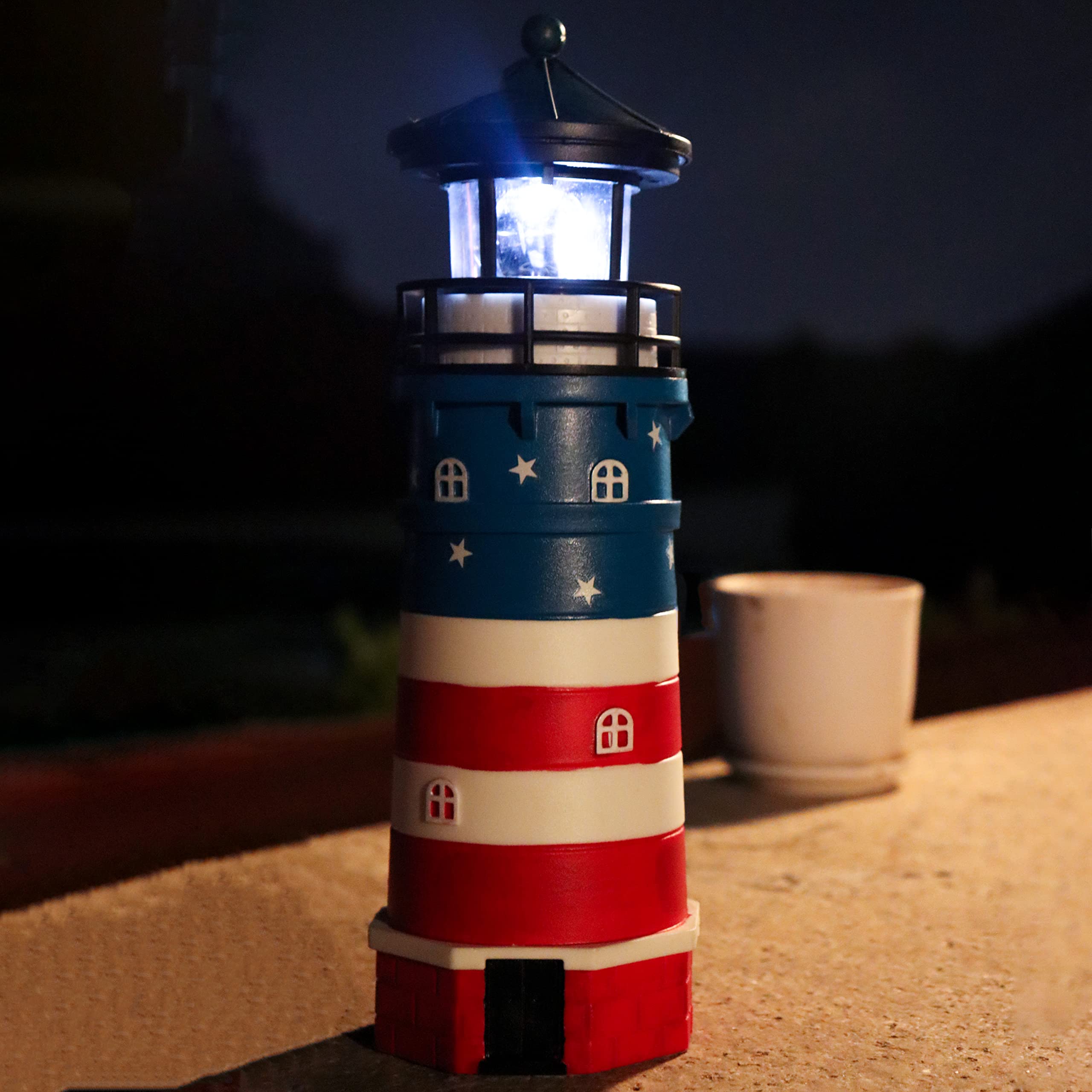 YQLEPIN Garden Solar Lighthouse Décor, American Flag Solar Lighthouse with Rotating Beacon,Lighthouse Lawn Ornament Patio Windowsill Decoration, Best Gift for Child Friends.(Round Design