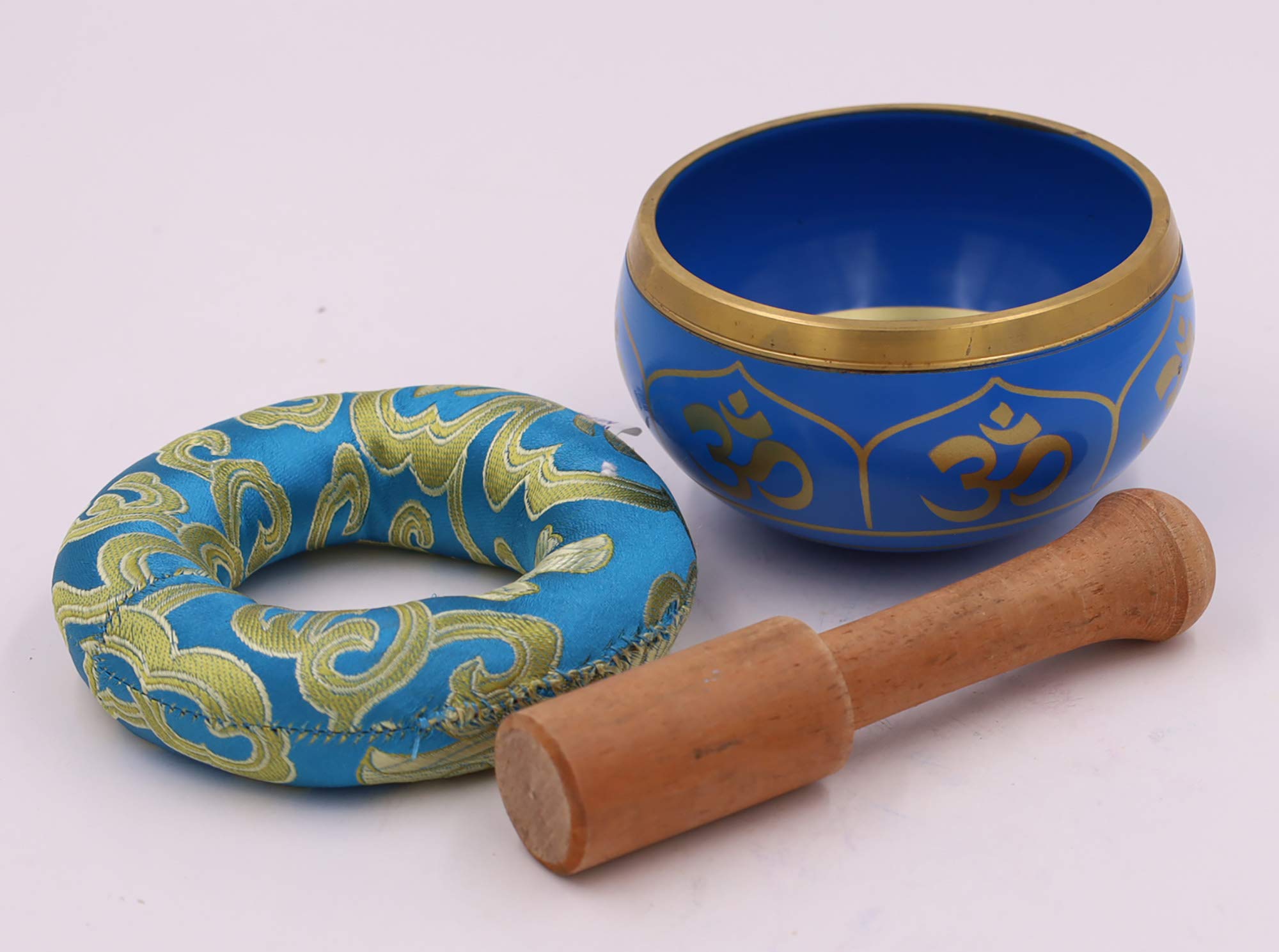 DharmaObjects ~ Tibetan OM Singing Bowl Set ~ With Mallet, Brocade Cushion & Carry Bag ~ For Meditation, Chakra Healing, Prayer, Yoga (OM, Turquoise)