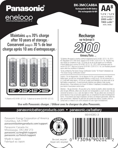 Eneloop Panasonic BK-3MCCA8BA AA 2100 Cycle Ni-MH Pre-Charged Rechargeable Batteries, 8-Battery Pack
