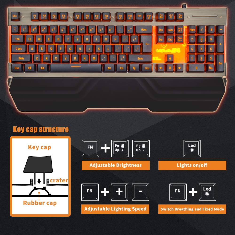 7KEYS K8 Gaming Keyboard USB Wired with Premium Big Wrist Rest, Floating Gaming Keyboard with Orange Led Backlit, Durable Metal Panel, Quiet Mechanical Feeling Keyboard, Ergonomic for PC Desktop