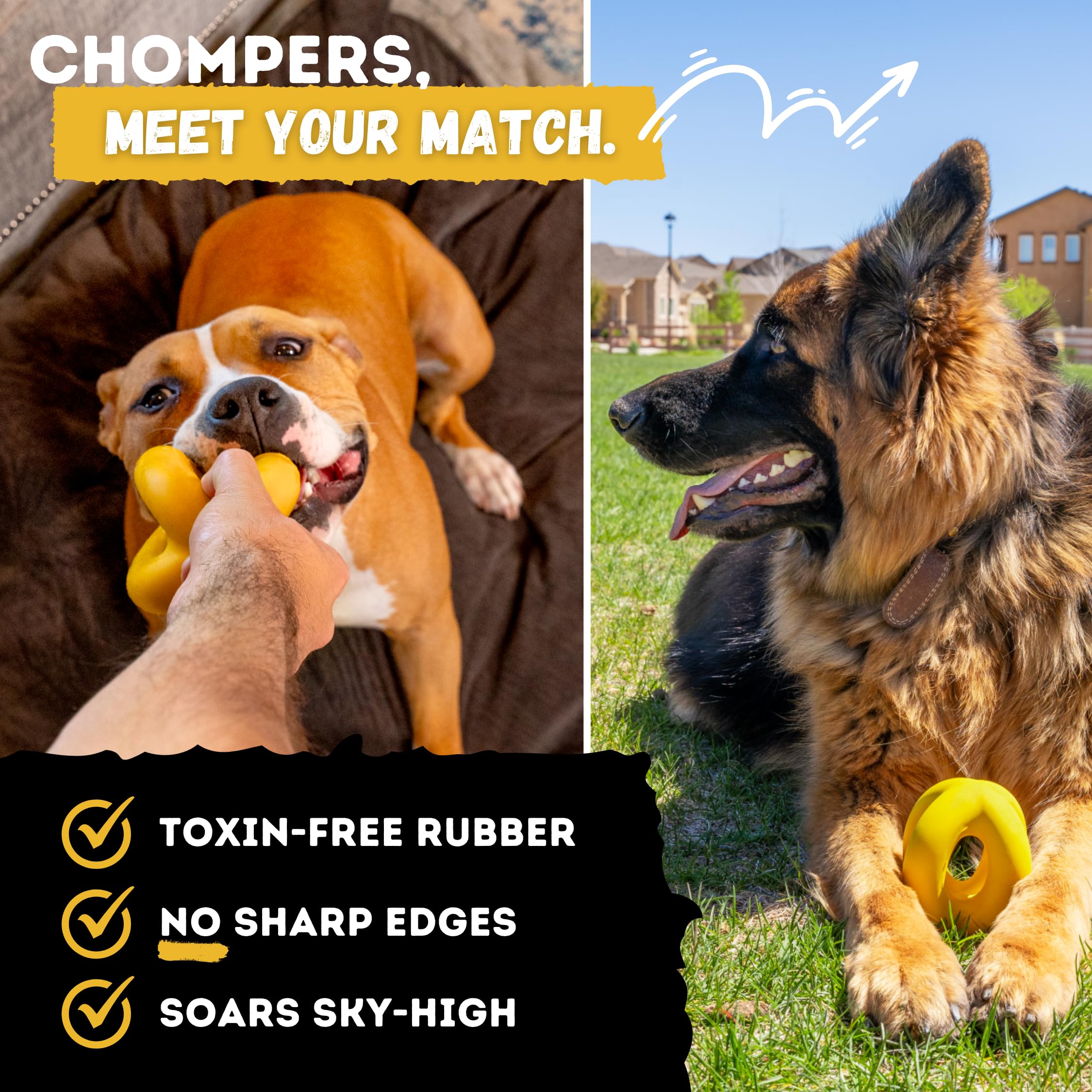 WoofBite Indestructible Ring Ball - Lifetime Replacement - for Aggressive Chewers, Medium Large Breed - Non-Toxic Natural Rubber Dog Toys - Butter Scent, Yellow (Highly Visible Color for Dogs) - 4.5”