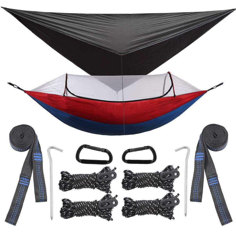 All in One Camping Hammock Bundle Set with Mosquito Bug Net, Rain Fly, Tree Straps and Compression Sack - Lightweight, Heavy Duty, Double & Single Hammocks for Outdoor Travel Survival & Backpacking.