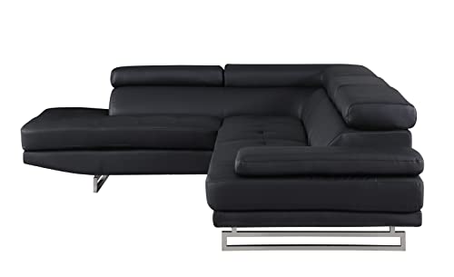 BlackJack Furniture Union Modern Faux Leather Sofa with Adjustable Headrests, Chaise, Elegant Tufted Seat, High-Density Foam and Stainless Steel Legs, Left Facing Sectional, Black