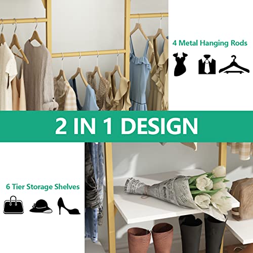 Auromie Gold Wall Mount Clothes Rack with 4 Hanging Rods, Clothing Rack with 6-Tier Adjustable Shelves, Closet Storage Organizer System Kit, Heavy Duty Garment Rack with Metal (80.43" L*78.62" H)