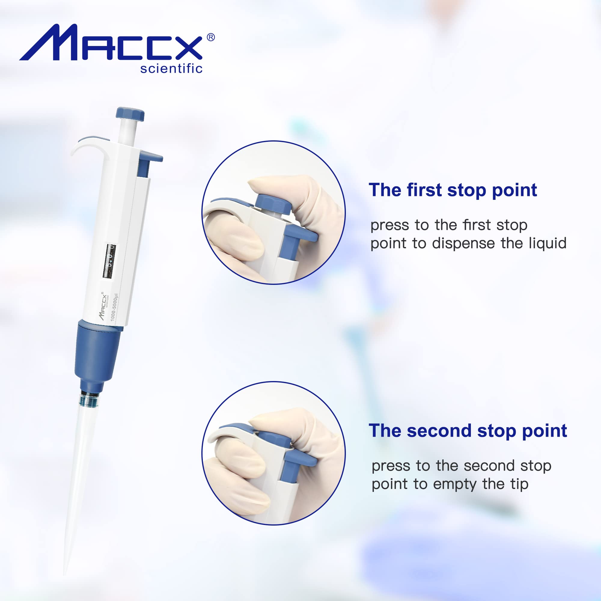 Maccx 1000-5000μl MicroPipette, Single-Channel Pipettor, High Accurate Calibrated Pipettes,Adjustable Volume,TMP5K-001