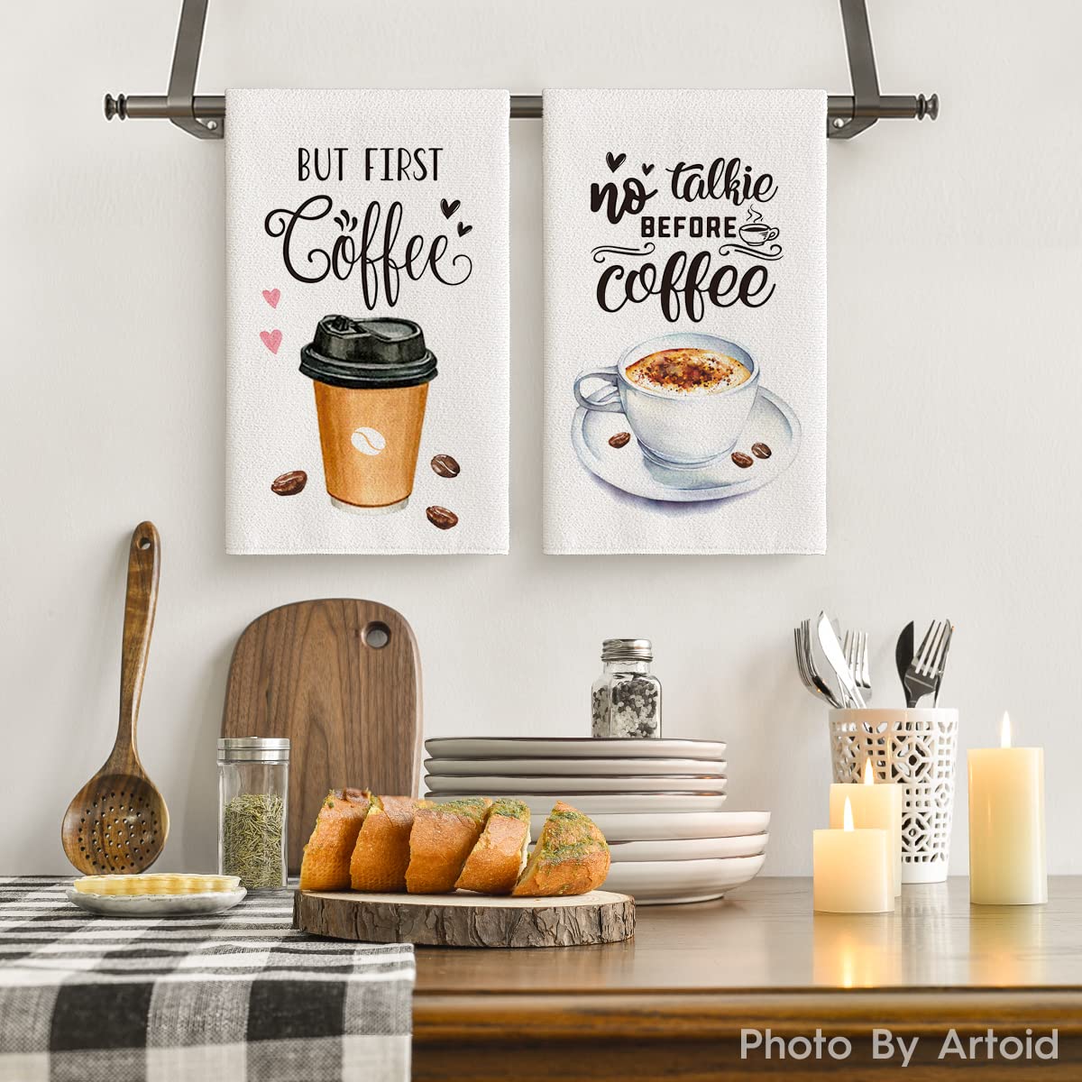 Artoid Mode But First Coffee Kitchen Towels Dish Towels, 18x26 Inch Seasonal Wedding Mug Coffee Bean bar Decoration Hand Towels Set of 4
