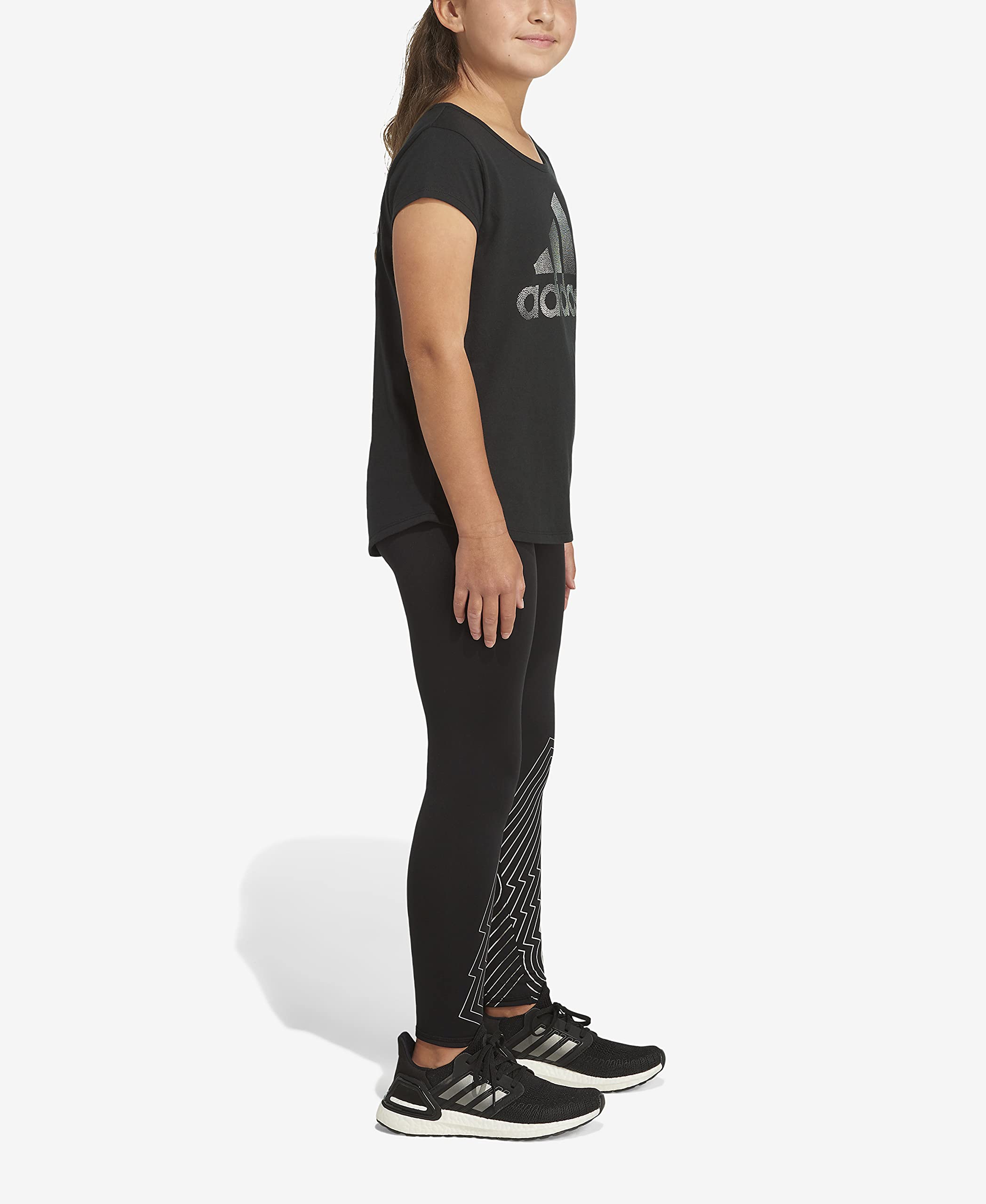 adidas girls Glam Graphic Tights Pants, Black With Silver, Large US