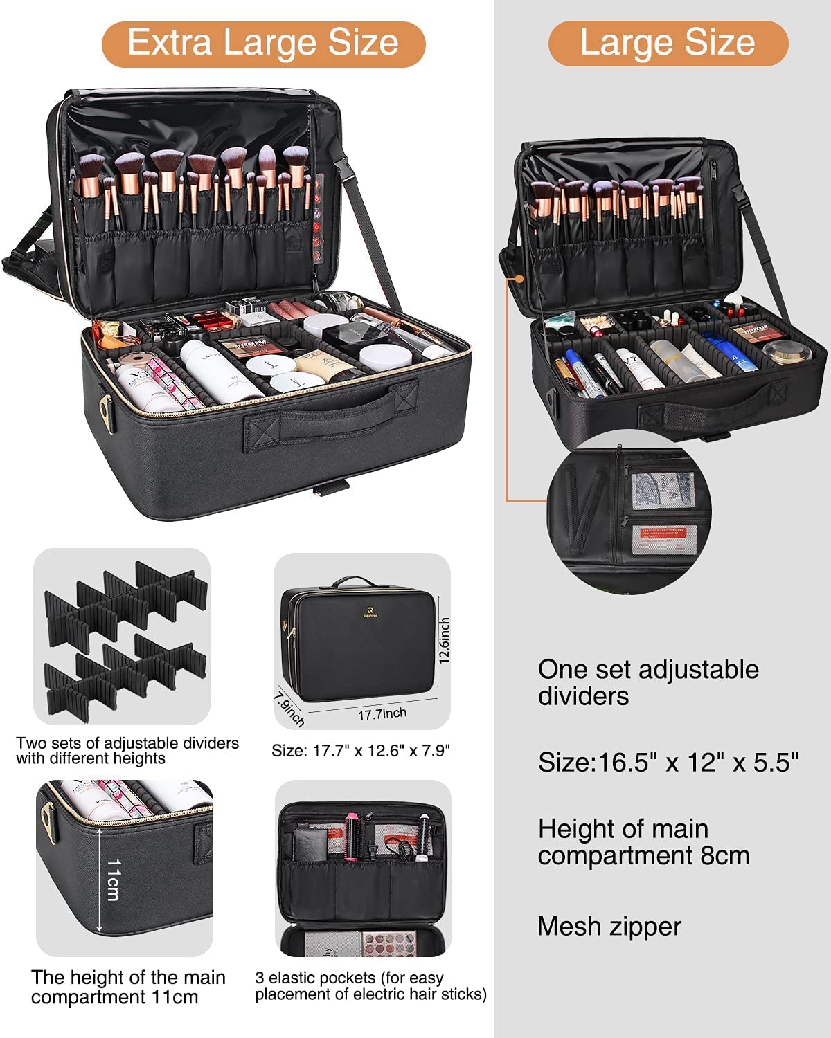 Relavel Extra Large Makeup Bag, Makeup Case Professional Makeup Artist Kit Train Case Travel Cosmetic Bag Brush Organizer, Waterproof Leather Material, with Adjustable Shoulder Straps and Dividers