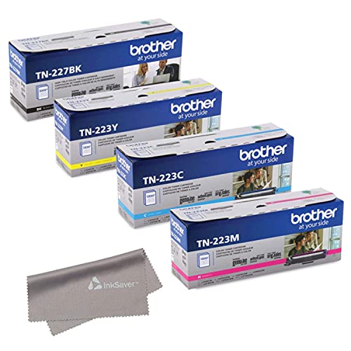 Brother TN227BK High Yield Black with Standard Yield Color TN223C, TN223M, TN223Y Cyan, Magenta and Yellow Toner Cartridge Set + InkSaver Microfiber LCD Screen Cleaning Cloth