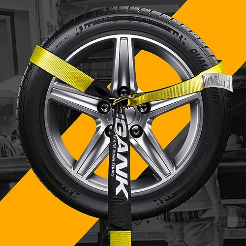 Car Tie Down Straps for Trailers (4PK) Flat Hooks Lasso Style and 2'' X 96'' Tie Down Webbing Easily Secure Tire Tie-Downs for Any Car, SUV, Jeep or Sports Car