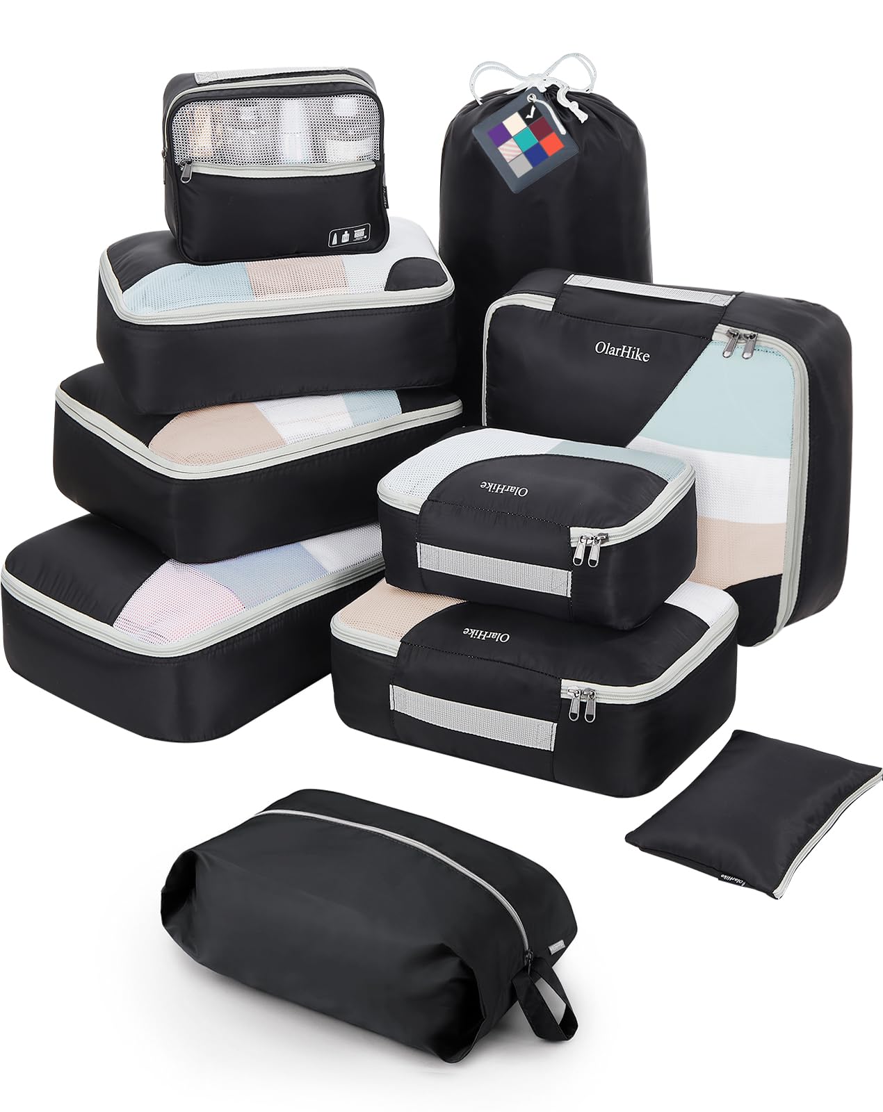 ALL INCLUDED 10 Set Sturdy Packing Cubes for Suitcases,OlarHike Travel Essentials,UPGRADED Anti-Tear Stitching, NEW Improved Luggage Packing Organizers for Travel Accessories(Black)