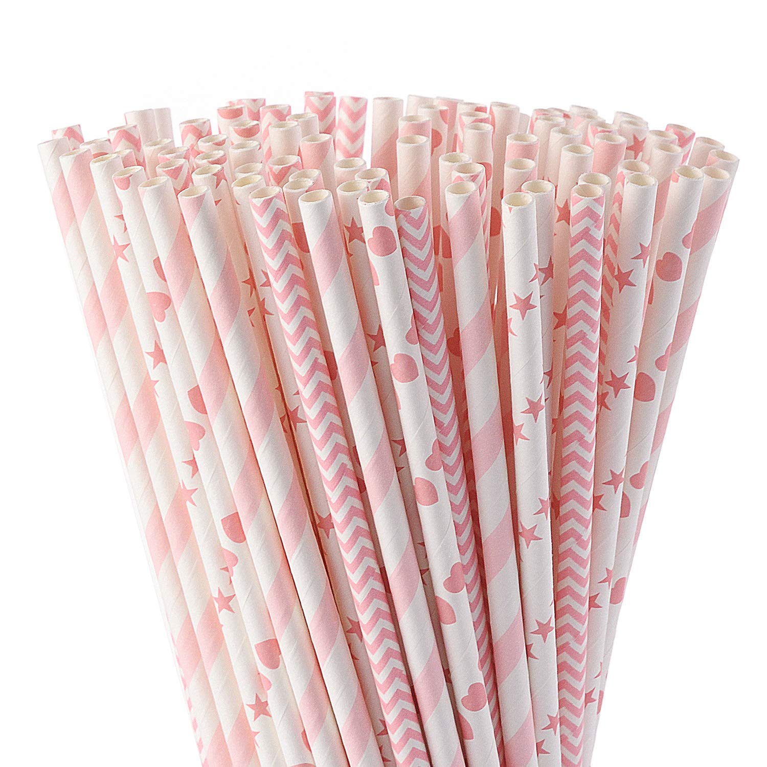 ALINK Biodegradable Pink Paper Straws, Pack of 100 Party Straws for Juice, Cocktail, Smoothies, Birthday, Wedding, Bridal/Baby Shower and Christmas Decorations