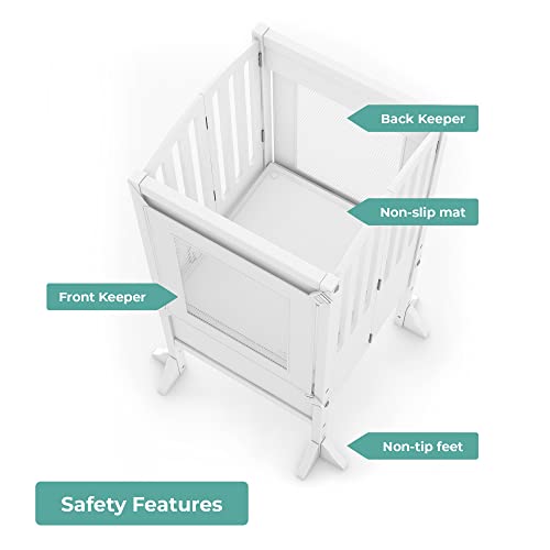 Guidecraft Contemporary Kitchen HelperĀ® Stool and 2 Keepers - White: Wooden, Adjustable Height, Safety Folding Tower for Toddlers
