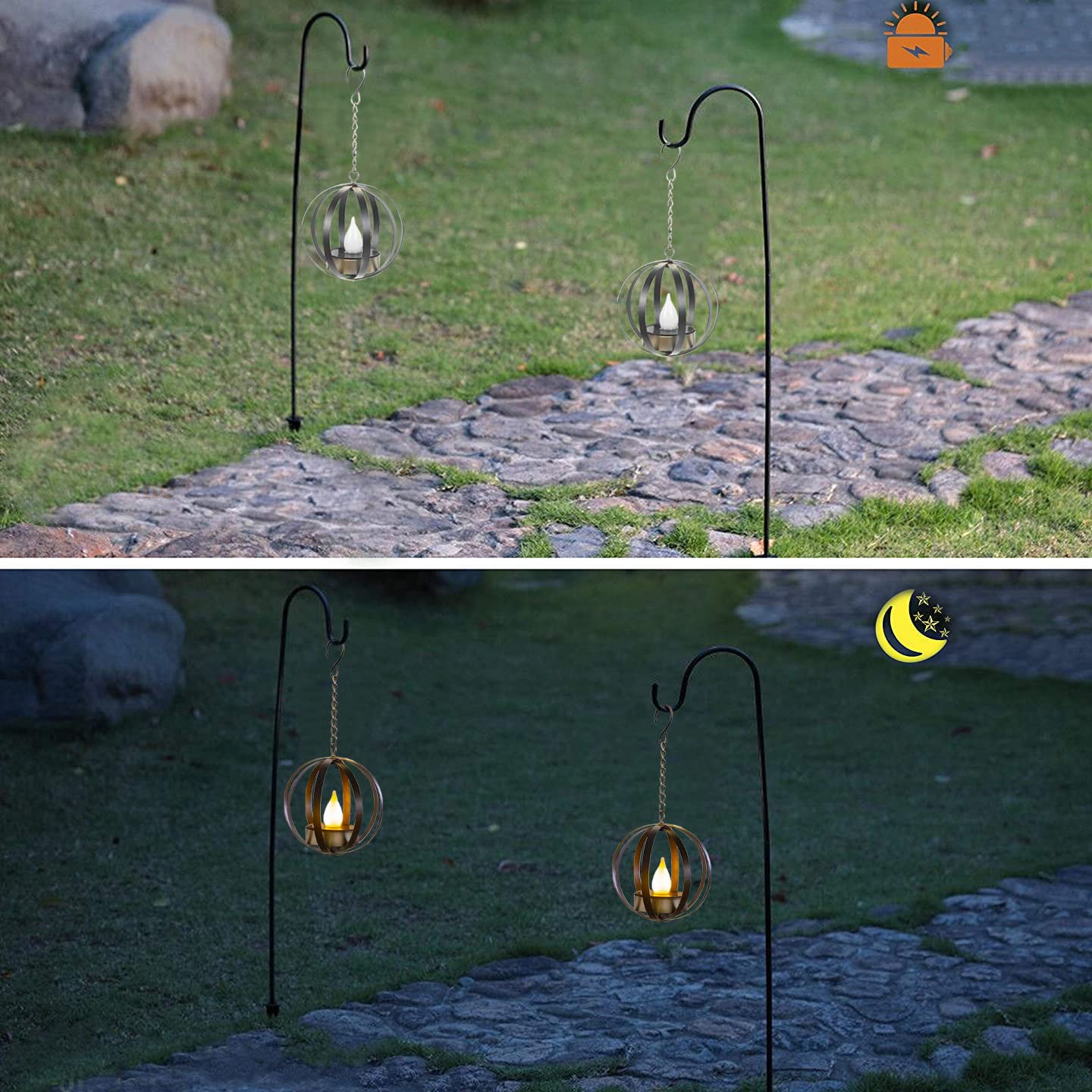 Hanging Solar Lights Outdoor - 2 Pack Small Metal Hanging Tree Lanterns with Retro Design for Patio, Yard, Pathway and Garden Candle Lanterns Retro Lights Decoration